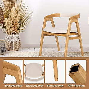 UJOYPAD Modern Mid Century Curved Back Leisure Chairs, Accent Fabric Leisure Chair with Anti-Slip Foot Pads,Bamboo Dining Chair Armchair for Living Room,Bedroom,Natural