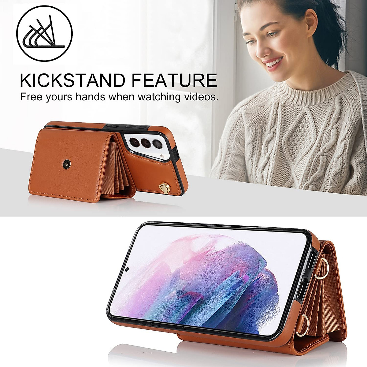 Asuwish Phone Case for Samsung Galaxy S21 5G 6.2 inch Wallet Cover with RFID Blocking Credit Card Holder Wrist Crossbody Strap Lanyard Stand Leather Girls Cell Accessories S 21 21S G5 Women Men Brown