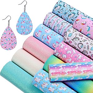 12 Pieces 7.87 x 11.81 Inches Unicorn Printed Faux Leather Sheet Mixed Rainbow Glitter Leather Fabric Sheets Assorted for Girl Kids Earrings Making Hair Bows Decoration DIY Craft Making