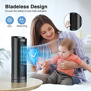 Grelife 13" Bladeless Tower Fan with 70° Oscillation, Touch Screen and Remote Control, 3 Speeds, 4 Wind Modes, 12-Hour Timer - Compact Cooling for Home Office Bedroom