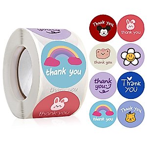 Cute Thank You Stickers Labels Roll 1.5 Inch 8 Designs Round Cartoon Thank You Labels 500Pcs Per Roll for Envelope Seals Stickers Cards Gift Boxes Decoration