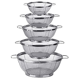 5 Pack 18/8 Stainless Steel Colander Sieves, Multi Size Mesh Strainer Net Baskets with Handles & Resting Base for Strain, Drain, Rinse or Steam