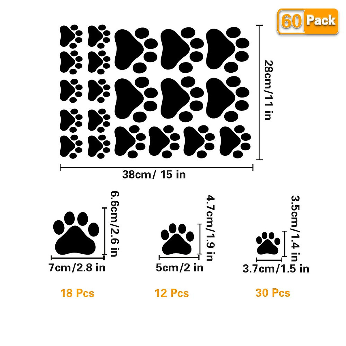 60 Pcs Dog Footprints Wall Decal Vinyl Stickers, Removable Lovely Animal Paw Print Art DIY Sticker Mural for Bedroom Playroom Living Room Office Home Window Door Decoration