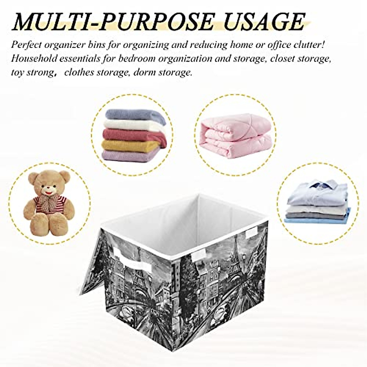 Krafig Oil Painting Eiffel Tower Black Foldable Storage Box Large Cube Organizer Bins Containers Baskets with Lids Handles for Closet Organization, Shelves, Clothes, Toys