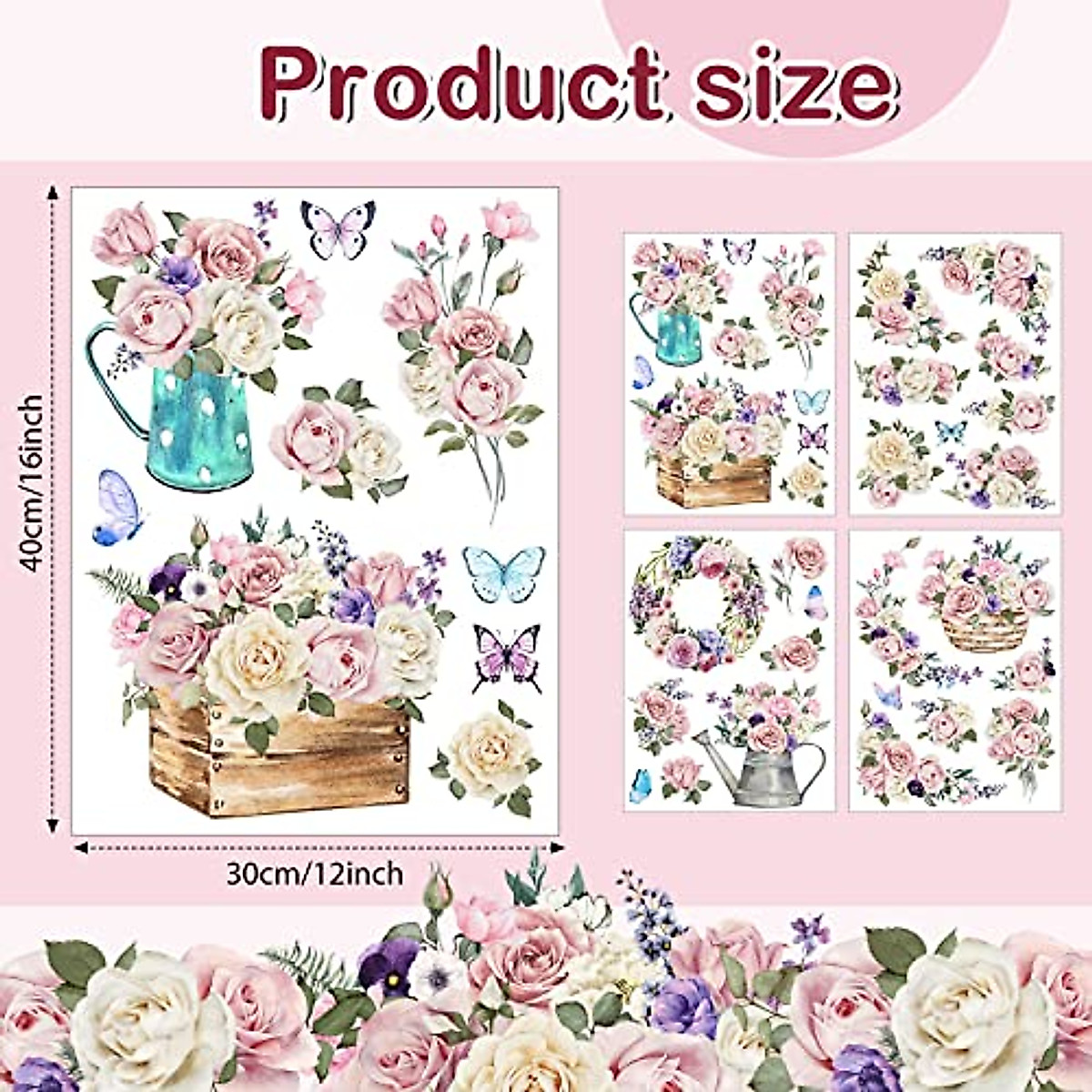 4 Sheets Rub on Transfers 16 x 12 Inches Sunflower Rose Eucalyptus Furniture Rub on Transfers Stickers for Crafts Wood Furniture Fabric Journal Envelope Scrapbooking (Rose Style)