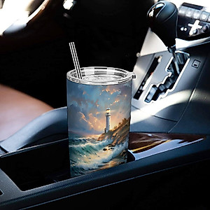 KIOWEIR Beautiful Seaside Lighthouse Stainless Steel Tumbler 20oz With Lid And Straw, Insulated Tumblers Coffee Cup, Travel Mug for Ice Drink & Hot Beverage for Women Men Boys Girls
