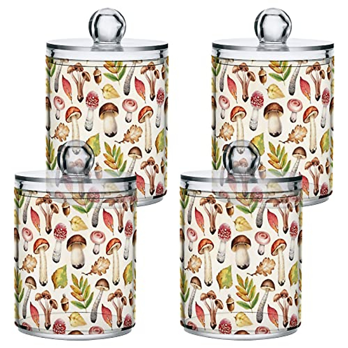 ALAZA 4pcs Mushroom Leaf Qtip Holder Dispenser 14 oz Bathroom Storage Clear Apothecary Jars Containers Cotton Ball,Cotton Rounds,Floss Picks, Hair Clips, Food