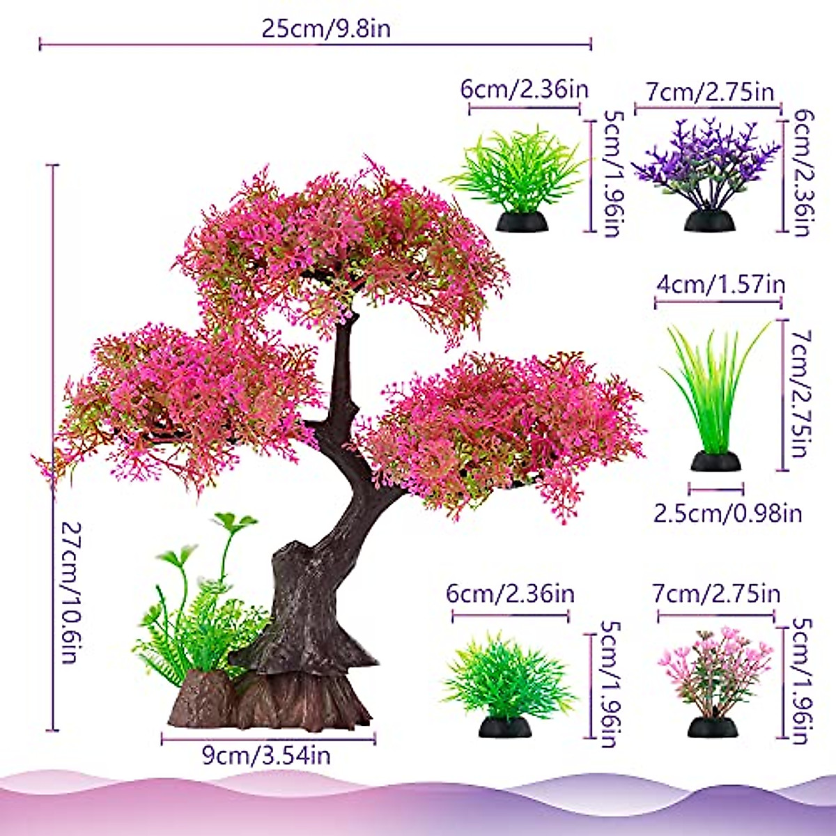 Ameliade Aquarium Artificial Plastic Plants Decoration, Pink Cherry Blossom Tree & Grass Aquarium Decor Set, Goldfish Betta Fish Tank Decorations Hides Accessories （Pink