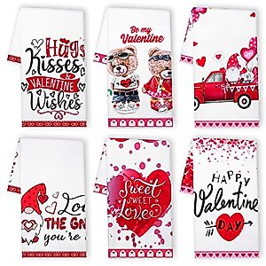 6 Pack Valentine's Day Kitchen Towels Love Heart Hand Dish Towels Valentine Romantic Tea Towels Sweet Soft Dishcloths Towels for Bathroom Anniversary Wedding Gifts Home Party Decor, 23.6 x 15.7 Inches