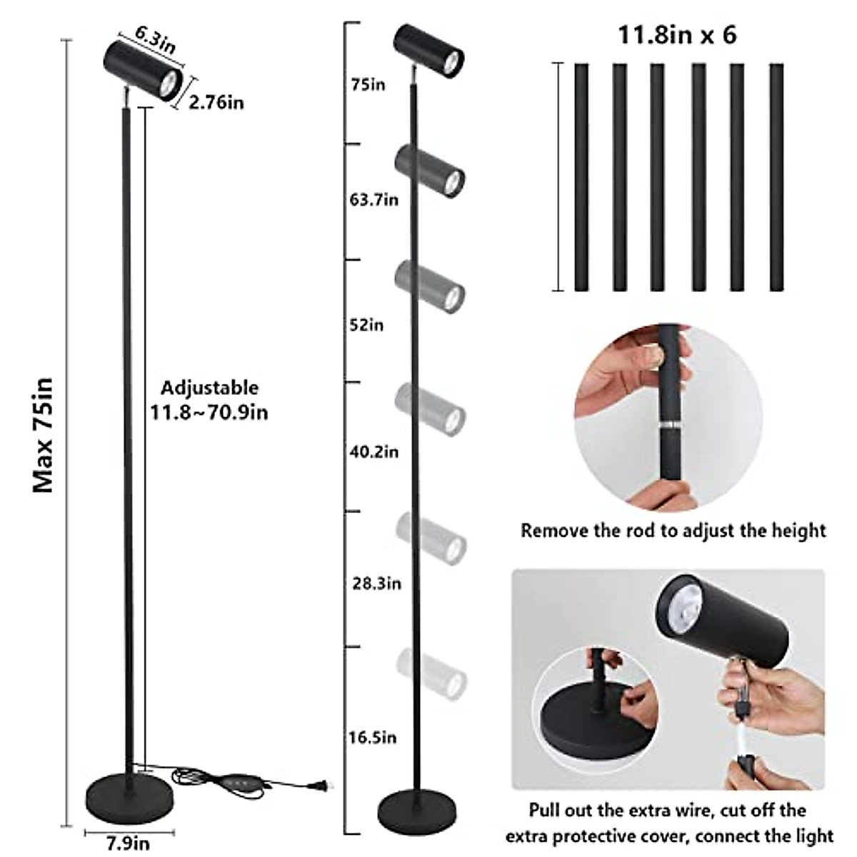 HMVPL Grow Lights Stand for Indoor Plants Full Spectrum Tall Plant Light for Indoor Growing with 20W COB Plant Light Bulb,4/8/12H Timer, Led Growth Floor Lamp for Large Plant Seedling(6 Level Height)