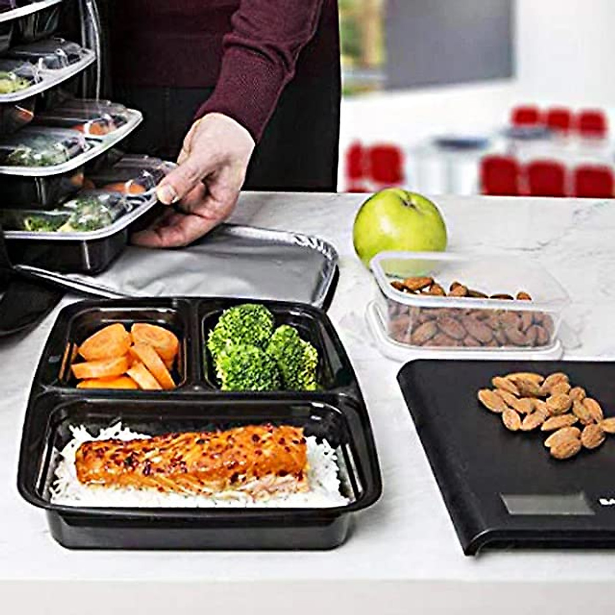 [150Pack] 32oz Meal Prep Containers, Black Plastic Container, 3 Compartment Lunch Box, Bento Box, To go Food packaging, Reuseable