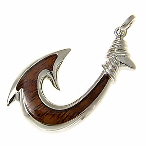 Arthur's Jewelry Koa Wood Hawaiian Wave Fish Hook Rhodium Plated Brass Reversible Pendant