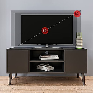 Yusong Retro TV Stand for 55 Inch TV, Entertainment Centers for Living Room Bedroom, Wood TV Bench Table TV Console TV Cabinet with 2 Storage Cabinets and Open Shelves, Black