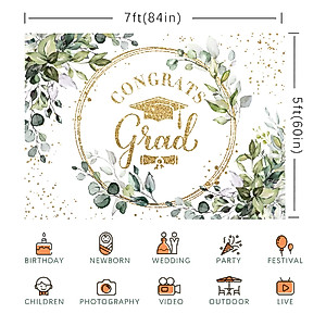Rsuuinu Greenery Congrats Grad Backdrop Graduation Class of 2024 Green Leaves Graduate Party Photography Background Graduation Party Decorations Supplies Cake Table Banner Photo Booth Props 7x5ft