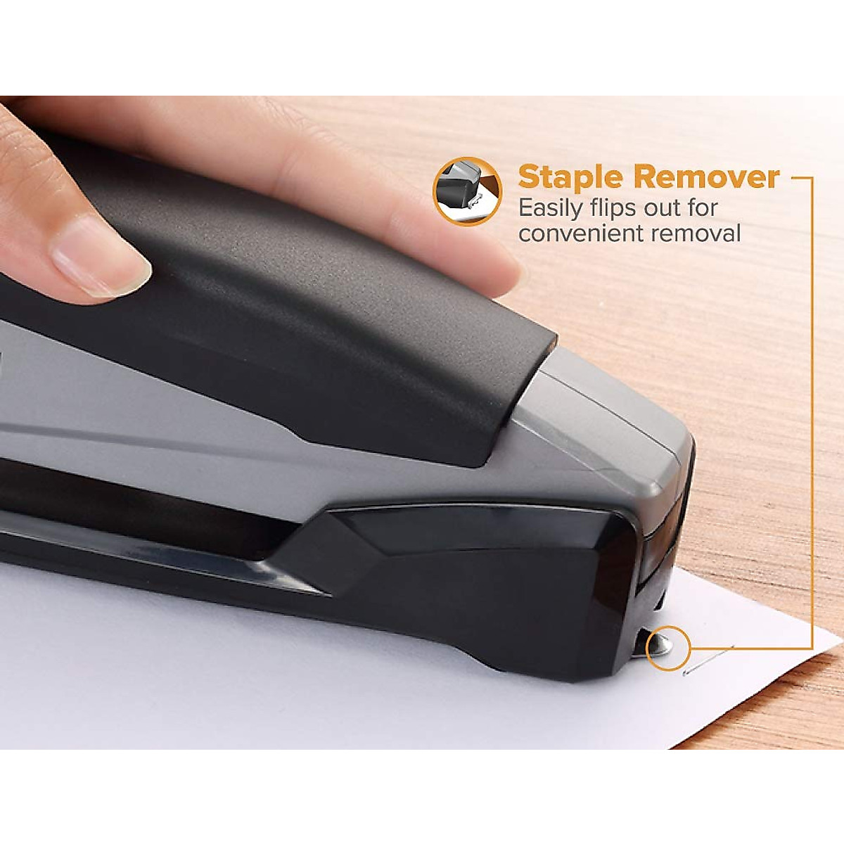 Bostitch Office Executive 3 in 1 Stapler, One Finger Stapling, No Effort, 20 Sheet Capacity, Integrated Staple Remover, Spring Powered Stapler, Black/Gray