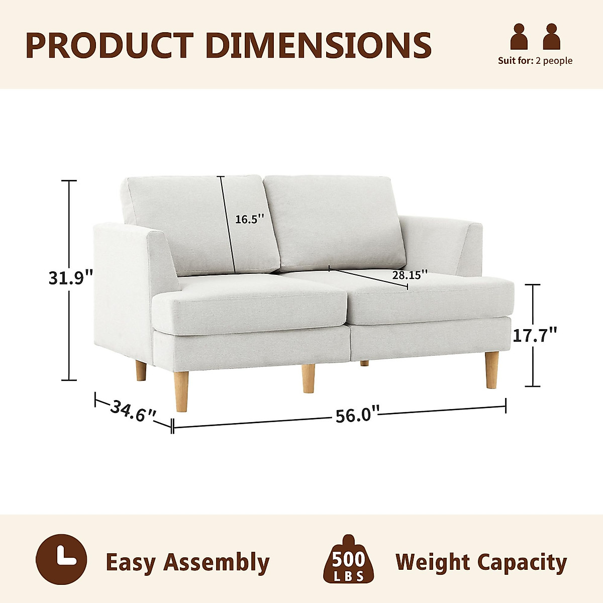 Busaurus Loveseat Sofa 56" Mid Century Modern Small Couches for Small Spaces Love Seat with 2-Seat Upholstered Cushion Sofa Couches for Bedroom, Living Room, Apartment, Office (Beige)