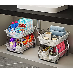 junyuan Under Sink Organizers and Storage, Bathroom Countertop Organizer with Dividers,Double Pull Out Cabinet Organizer Stainless Steel