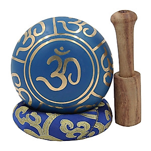 DharmaObjects® Tibetan Blue Yoga Meditation OM Singing Bowl Mallet Cushion Box Gift Set (Navy Blue)