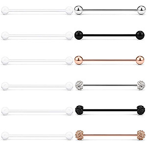 Hoeudjo Industrial Barbell 14G 12Pcs Bioflex Clear Acrylic Earring Retainer Surgical Steel Helix Conch Cartilage Ring Body Piercing Jewelry 1 1/2 Inch(38mm) for Women Men Silver Black Rose Gold