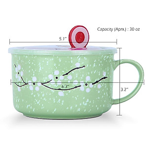VanEnjoy 30oz Ceramic Bowl with Lid & Handle,Cherry Blossoms Among Snow Flake Pattern,Microwave for Instant Noodle Sara, Cereal Bowl