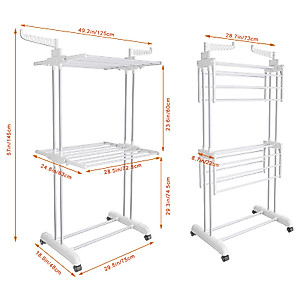 Bigzzia 3 Tier Clothes Drying Rack, 57 Inch Laundry Drying Rack, Foldable Stainless Steel Kids Clothing Rack, Movable Laundry Rack for Indoor Outdoor - White