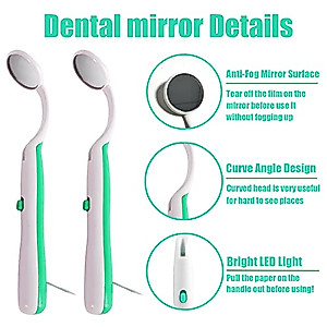 Ceonam 2 Pcs Dental Mirror with Light Tool LED Lighted Teeth Inspection Mirror Anti Fog Curve Angle Dentist Oral Care Tool (Green)