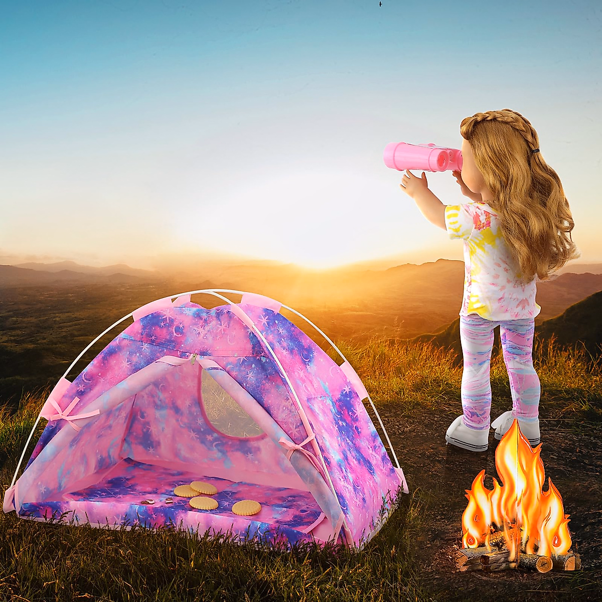 ZITA ELEMENT 11 Items 18 Inch Doll Accessories Camping Tent Set - Including Doll Camping Tent Clothes Set Binoculars Campfire Chocolate Compressed Biscuit