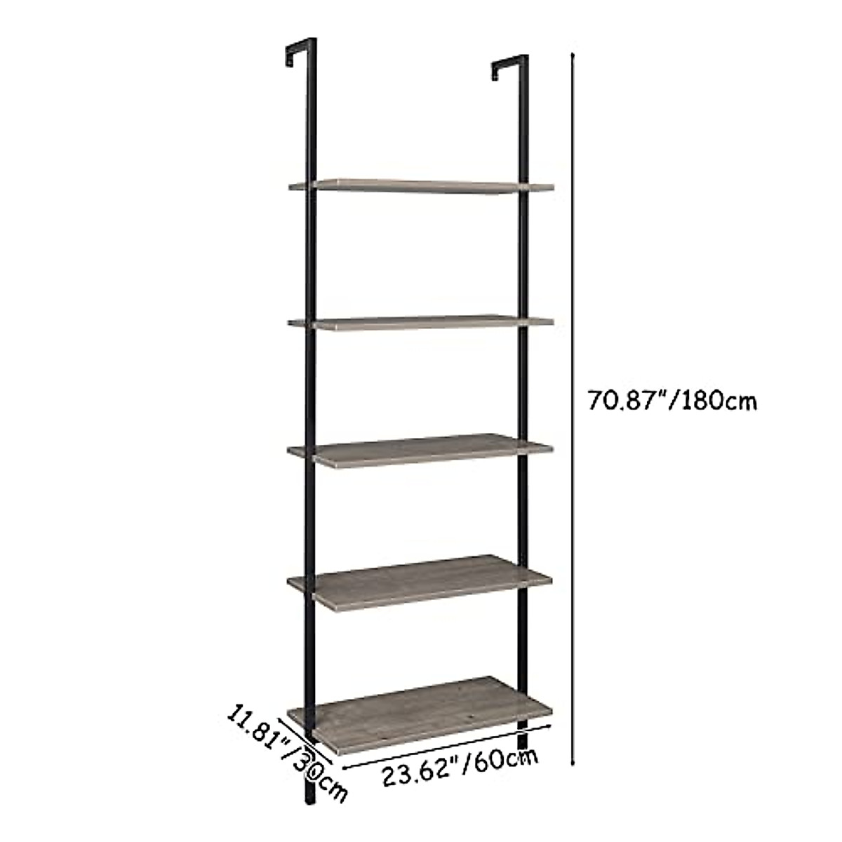 ANTSKU 5 Tier Wall Mounted Ladder Shelf, Ladder Bookshelf with Metal Frame and Wood Shelf, Modern Learning Bookcase for Living Room, Bedroom, Office (23.6" W x 11.8" D x 70.8" H, Antique Gray)