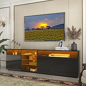 Vinctik 6&Fox High Glossy LED TV Stand for 65 inch TV,Modern White Entertainment Center/White TV Stand with Adjustable Storage Shelf,RGB LED 20 Color Lighting,Smart Modern TV Cabinet(63inch, Black)