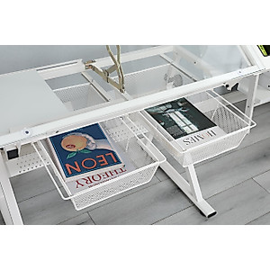 Landpink Glass Drafting Table Art Desk – Adjustable Professhional Artwork Drawing Drafting Table Desk, Glass-Topped Art Table for Craft Station Studio Home Office School w/Drawers/Chair (White)