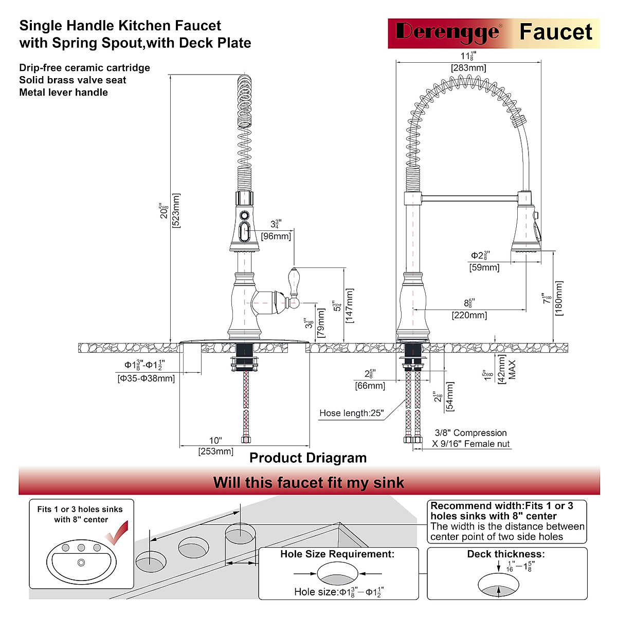 Derengge Brushed Gold Kitchen Sink Faucet,Single Handle Spring Spout Kitchen Faucet with Pull-Down Sprayer, 1 Hole or 3 Hole Installation,KF-5988-BG
