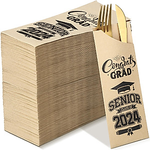 Ireer 100 Pcs Class of 2024 Graduation Paper Silverware Bags Utensil Holder for Graduation Party Supplies Pocket Sleeves for College Senior High School Congrats Grad Table Centerpiece Decor (Brown)
