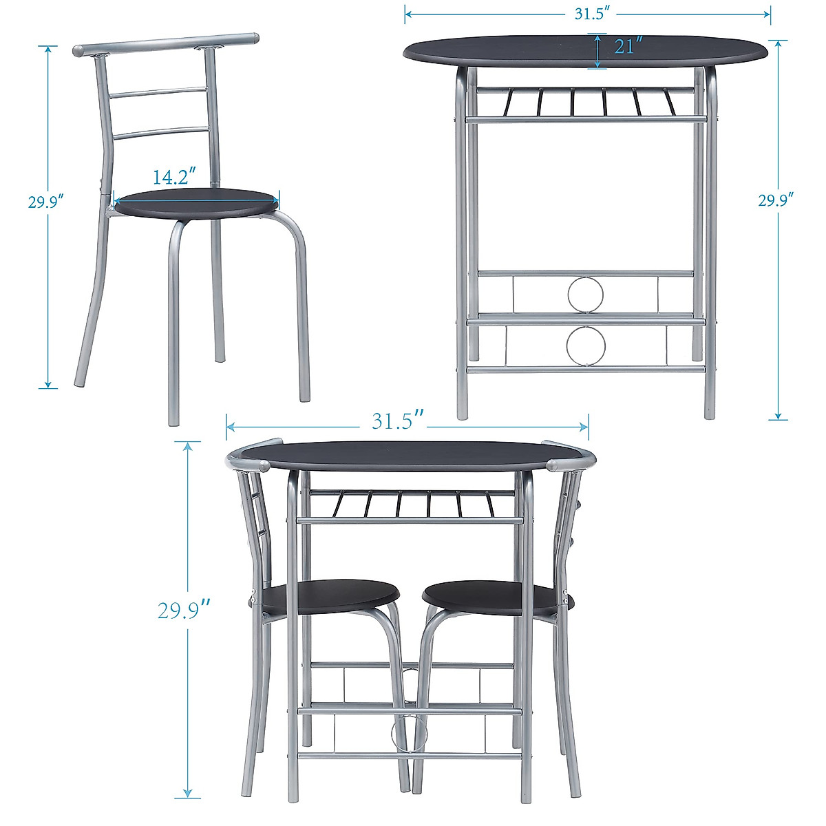 VECELO 3 Piece Small Round Dining Table Set for Kitchen Breakfast Nook, Wood Grain Tabletop with Wine Storage Rack, Save Space, 31.5", Black & Silver