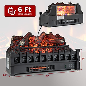 Tangkula 26” Electric Fireplace Log Set Heater with Remote, 5 Flame Modes & Brightness, Thermostat Control, 8H Timer, Realistic Lemonwood Ember Bed, Infrared Quartz Electric Fireplace Insert, 1500W