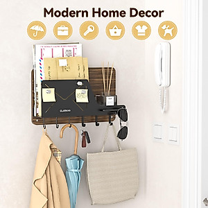 CLESOO Mail Holder Wall Mount - 6 Key Hooks Hanging Mail Organizer with Phone Holder - Letter Storage with Eyeglasses Holder, Magnets - Key Hanger with Shelf for Wall Entryway Hallway