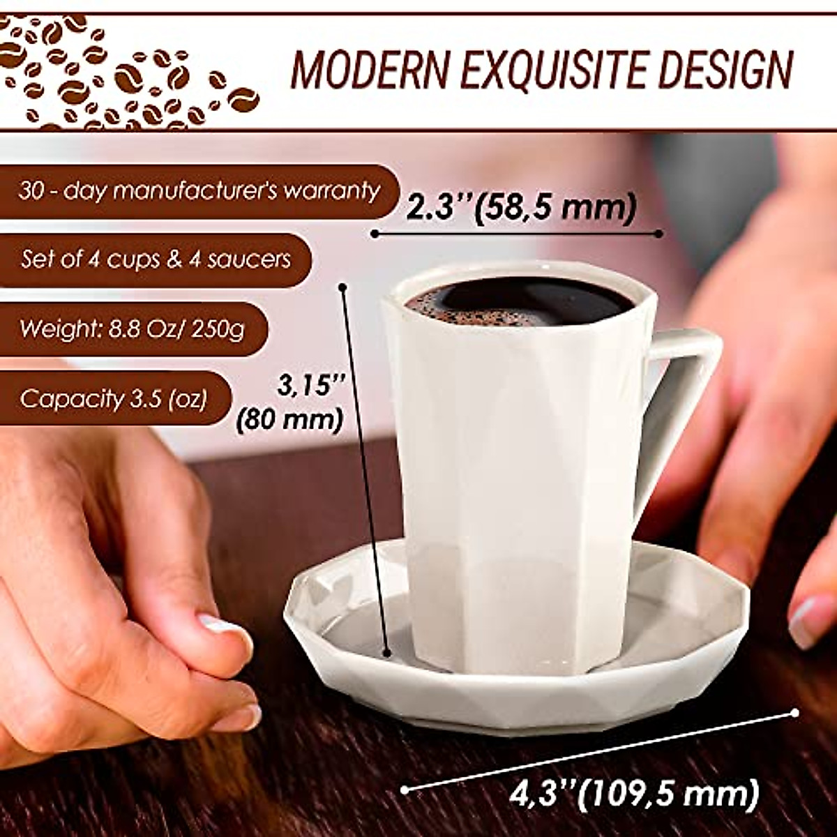 Porcelain Espresso Cups Set of 4 with Saucers - Comes with a Complimentary Espresso Drink Poster - Modern Dishwasher Safe Espresso Cup Set in Gift Box for any Occasion - 3.5 oz each, Ivory White.