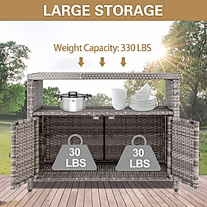 INTOBOO Outdoor Storage Cabinet, Wicker Rattan Storage Cabinet with 2 Doors, Shelves & Polystyrene Top, Durable and Versatile Storage for Patio, Pool, Garden, Indoor, Kitchen, Grey