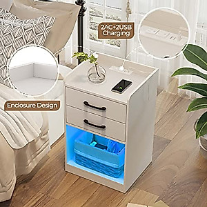 Seventable Nightstand with Charging Station and LED Lights, Modern Design End Side Table with 2 Drawers, Nightstand Open Compartment for Bedroom, White