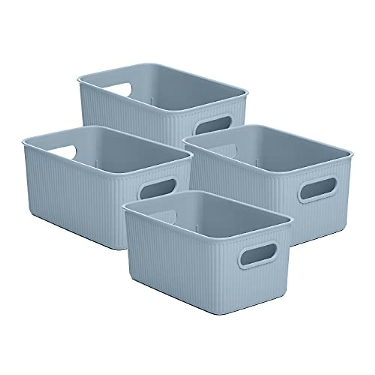 Superio Decorative Plastic Open Home Storage Bins Organizer Baskets, Medium Blue (4 Pack) Container Boxes for Organizing Closet Shelves Drawer Shelf - Ribbed Collection 5 Liter