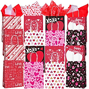Fovths 16 Pieces Valentines Bags with 24 Sheets Tissue Paper 8.6 Inch Valentine Paper Gift Bags with Handle Love Gift Bag for Valentine's Day Wedding Birthday Party Supplies