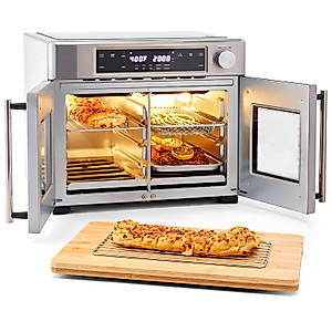 Dual Zone Air Fryer French Door Oven - 32 Qt Convection Toaster Combo - 10-in-1 Multifunction Up to 450° - 1800W - Temperature Control, Timer - Stainless Steel – Dehydrate, Broil, Bake, Roast, Ferment
