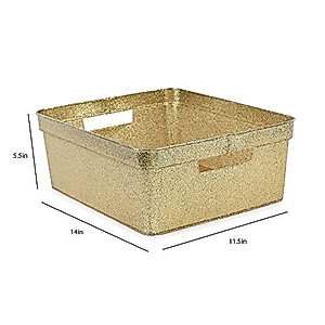 Isaac Jacobs Medium Glitter Storage Bin (14” x 11.5” x 5.5”) Set w/Cut-Out Handles, Plastic Organizer, Multi-Functional, Home Storage Solution, Kids Playroom, Bedroom, Closet (2, Gold)