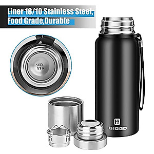 Insulated vacuum Thermo Bottle 16.9oz with cup lid Leakproof stainless water flask for coffee hot and cold drink.(Black,500ml)