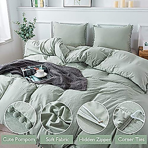 Andency Pom Pom Fringe Duvet Cover Queen Size (90x90 Inch), 3 Pieces (1 Solid Sage Green Duvet Cover, 2 Pillowcases) Soft Washed Microfiber Duvet Cover Set with Zipper Closure, Corner Ties
