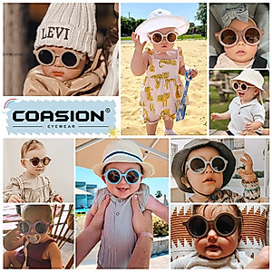 COASION Baby Polarized Round Sunglasses Flexible Rubber Shades with Strap for Toddler Newborn Infant Ages 0-24 Months (White/Brown)