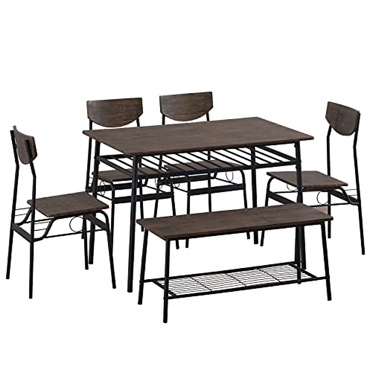Rectangular Dining Table & Chair Set of 6 w/ Storage Space, Dining Room Set w/ 1 Table, 1 Bench & 4 Chairs for 6, Table Set w/ MDF Tabletop & Iron Frame, for Dining Room, Bistro, Home Bar, Kitchen