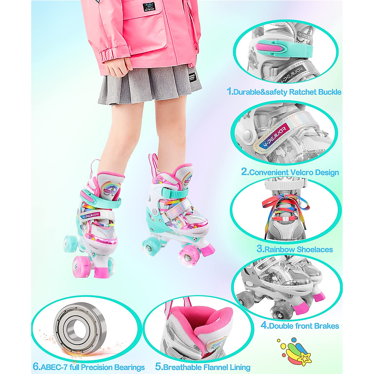 Rainbow Unicorn Kids Roller Skates for Girls Boys Toddler Ages 3-6,4-Pejiijar Adjustable Roller Shoes with Luminous Wheels for Birthday Xmas Gifts (Green, Small(10-13J))