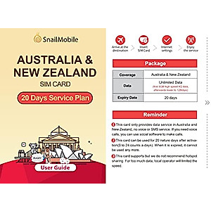 SnailMobile Australia&New Zealand Travel SIM Card - Unlimited Internet Data for 20 Days, Triple Cut 3 in 1 Sim Card - Standard Micro Nano
