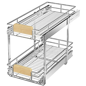 LOVMOR 2 Tier Pull Out Cabinet Organizer 10½" W x 21½" D, Slide Out Drawers with Wooden Handle, Sliding Shelves Organization and Storage for Kitchen, Pantry