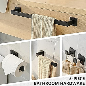 BATHLAVISH Matte Black Bathroom Accessories Set Hardware 5-Piece Towel Bar Holder Sets Hand Towel Rack Holder and 2 Towel Hooks, Stainless Steel Wall Mounted